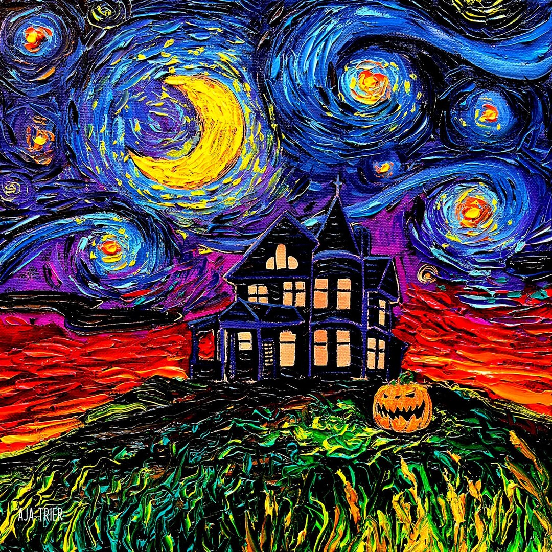 Halloween Haunted House Jack O Lantern Pumpkin Starry Night Dark Art ...