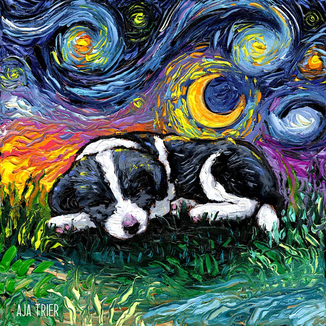 Sleeping Border Collie Puppy Dog Starry Night Art Print Picture by Aja ...
