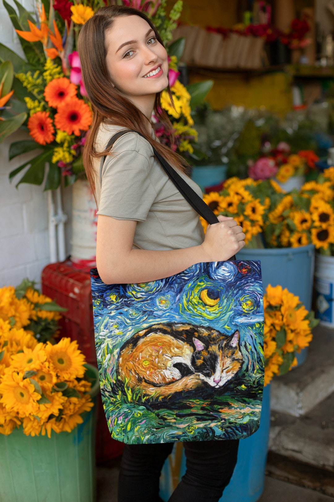 Tote Bag Sleeping Calico Cat Starry Night Handbag Art by Aja 3 Sizes ...