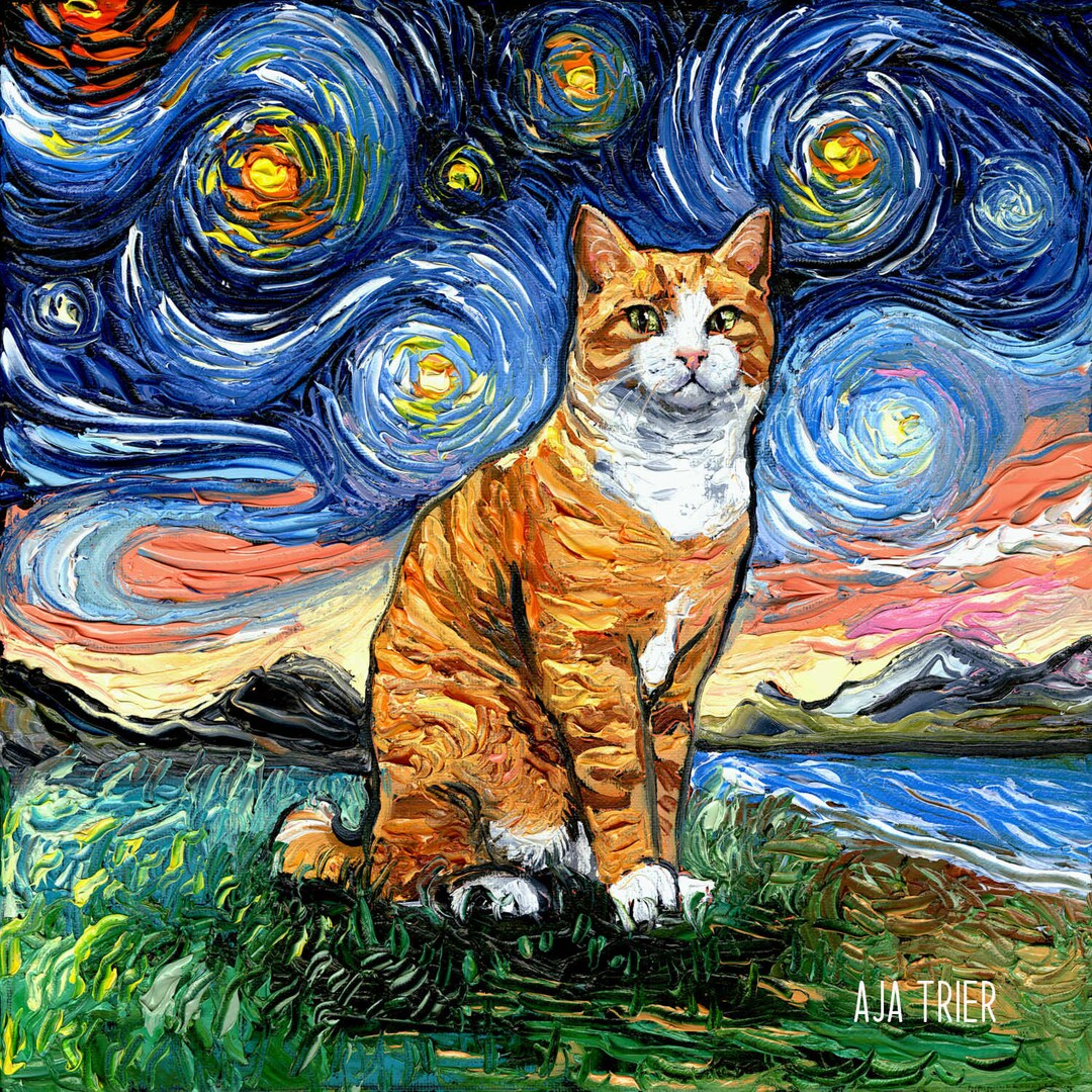 Orange Tuxedo Tabby Cat Starry Night Art Print Picture by Aja Choose ...