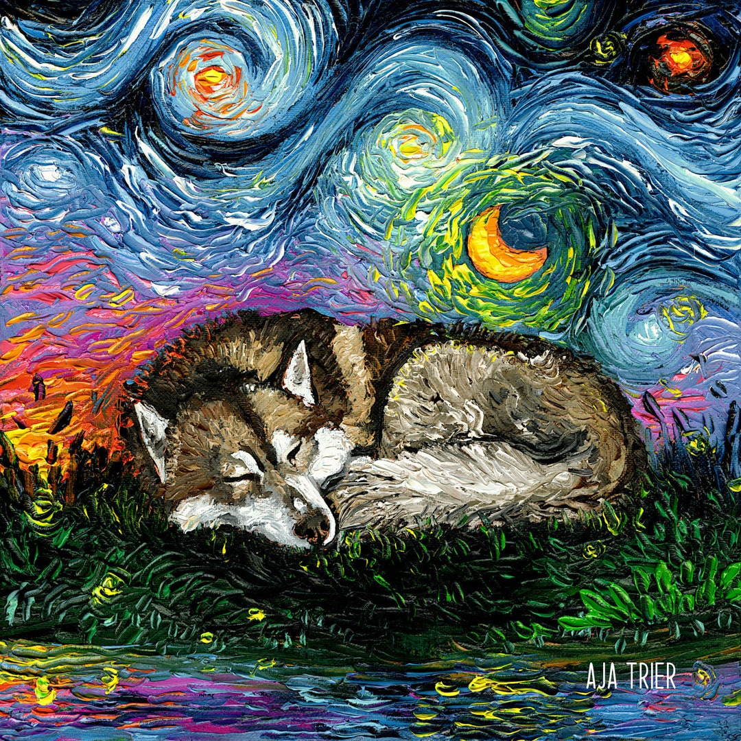 Sleeping Brown Siberian Husky Dog Art CANVAS Print Starry Night Ready ...