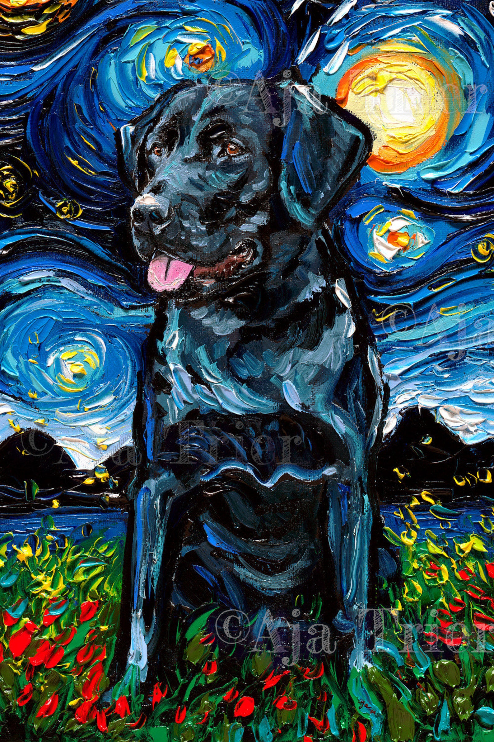Seated Black Labrador Lab Art Starry Night Art Print Dog Cute - Etsy