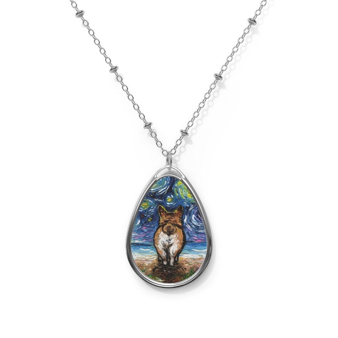 Corgi Butt at the Beach Starry Night Dog 1.5x1inch Oval Pendant on 20. ...