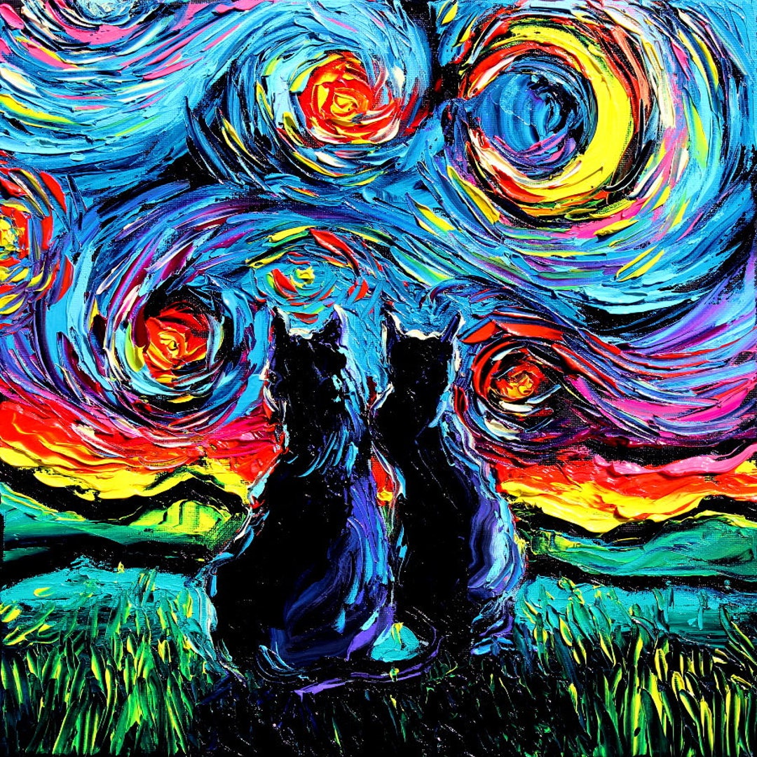 Black Cat Art Starry Night Animal Feline Print Van Gogh's Cats by Aja ...