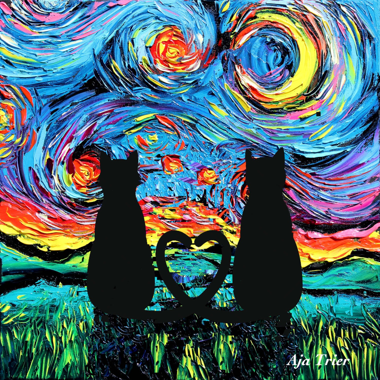 Black Cats in Love Art CANVAS Print Starry Night Romantic - Etsy
