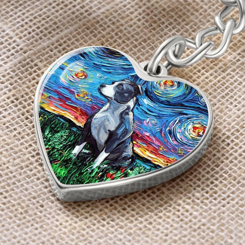 Engraved Pit Bull Keychain – Personalized Starry Night Heart Keyring ...