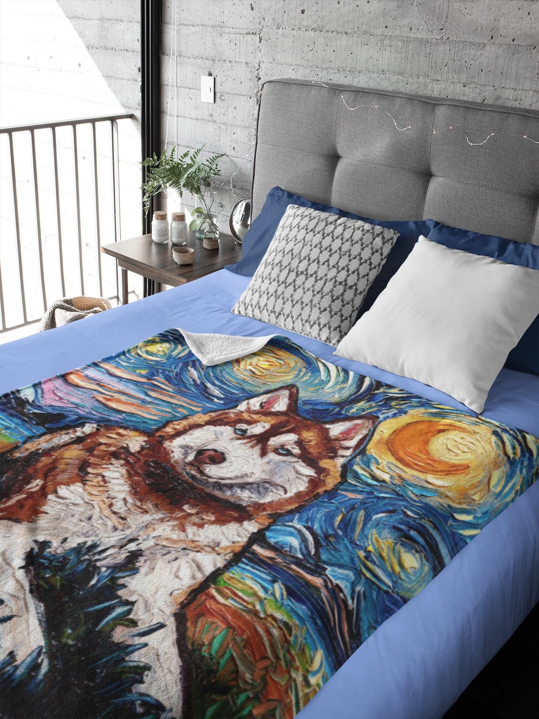 Minky Blanket Red and White Husky With Blue Eyes Starry Night Dog ...