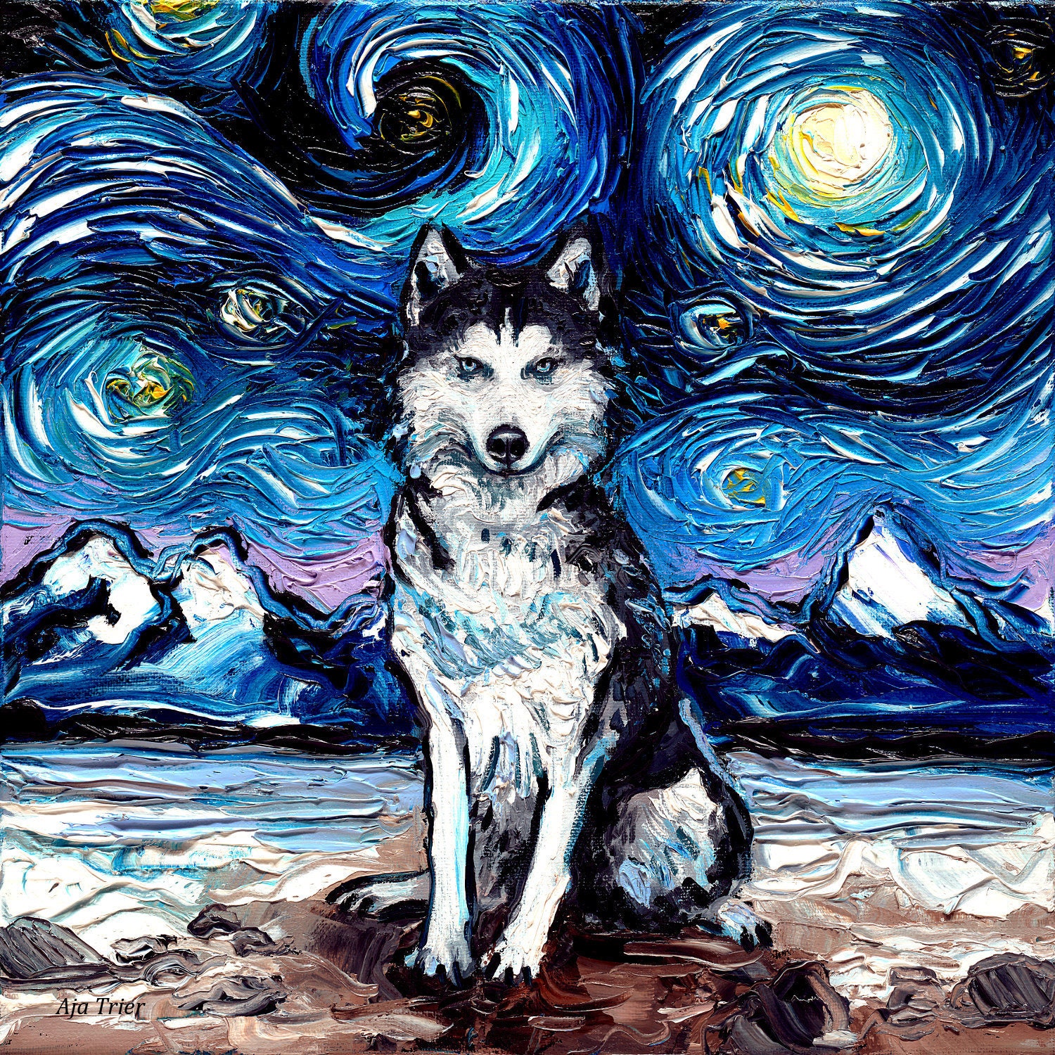 Siberian Husky Art Starry Night Art Print dog lover gift cute | Etsy