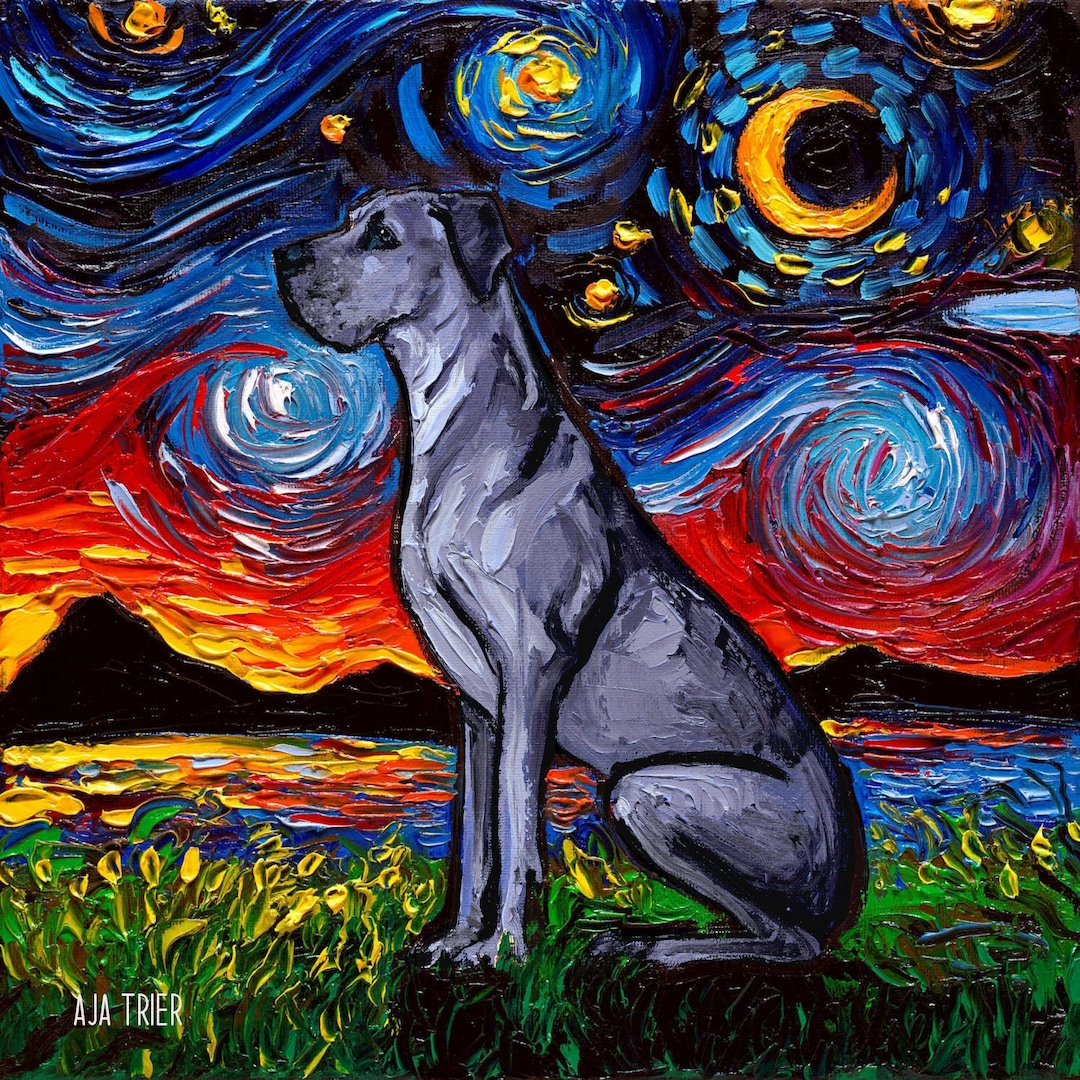 Blue Great Dane Night Art CANVAS Print Starry Night Dog Ready to Hang ...