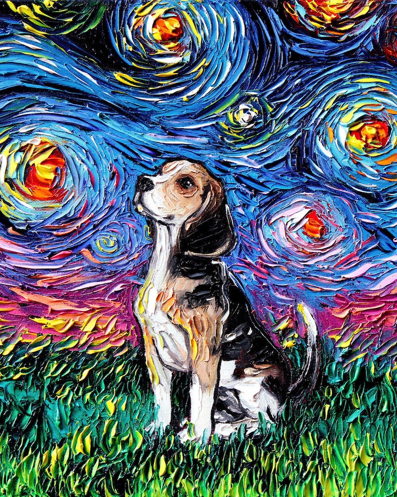 Beagle Art 8x10 Starry Night Print Dog Lover Gift Cute Art by Aja Pup ...