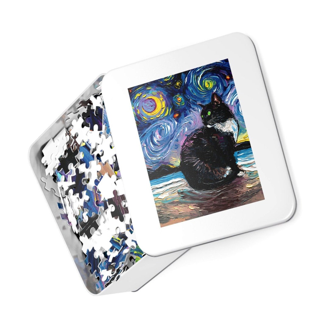 Puzzle Green Eyes Tuxedo Cat at the Beach Starry Night 252 or 500 Piece ...