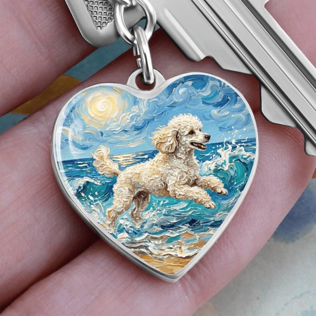 White Toy Poodle Keychain - Dog at the Beach Art, Personalized Heart ...