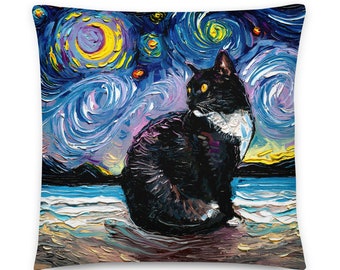 Black Cat Starry Night Basic Accent Throw Pillow Art by Aja | Etsy