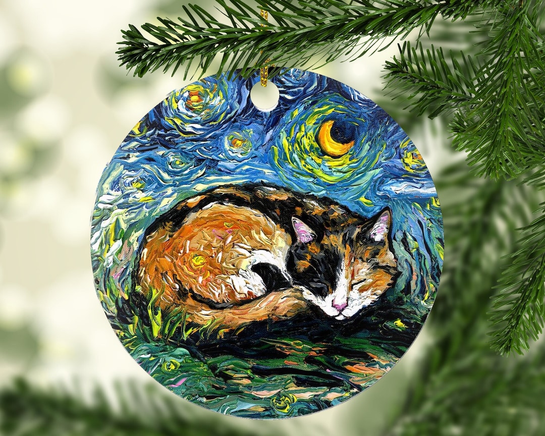 Cat Christmas Ornament Cute Calico Cat Ceramic Ornament Starry Night ...