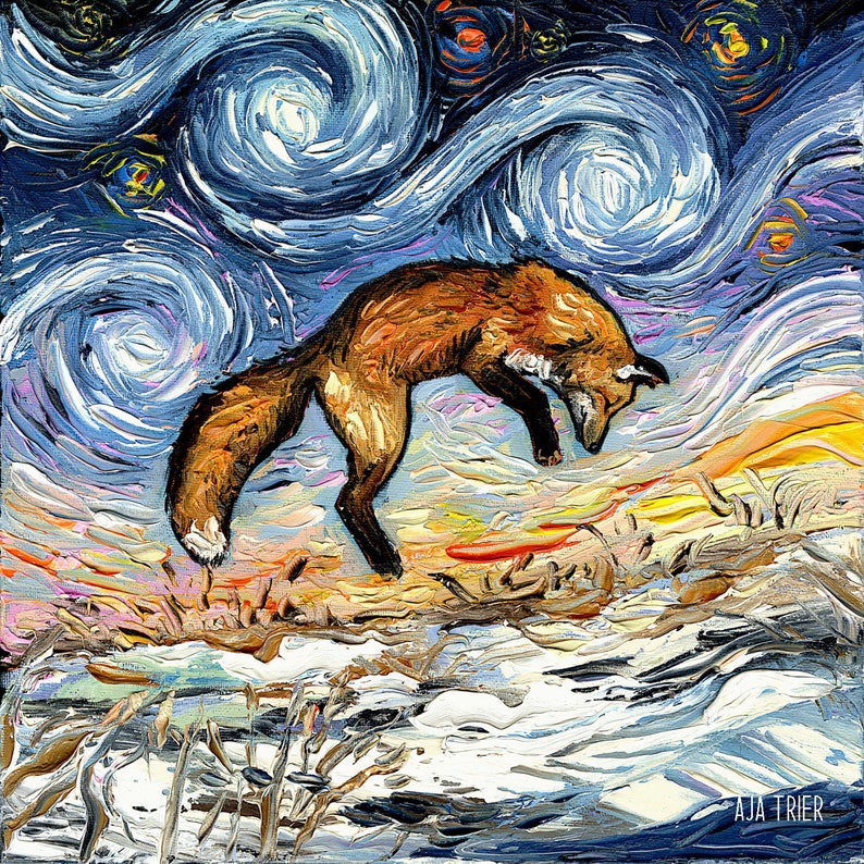 Jumping Red Fox Starry Night Painting Print | Impressionist Animal ...