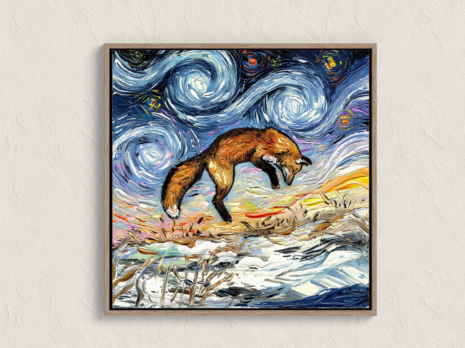 Jumping Red Fox Starry Night Painting Print | Impressionist Animal ...