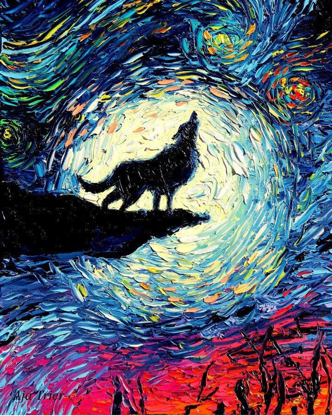 Wolf Silhouette 16x20 Inch Print Starry Night Van Gogh Never Howled at ...