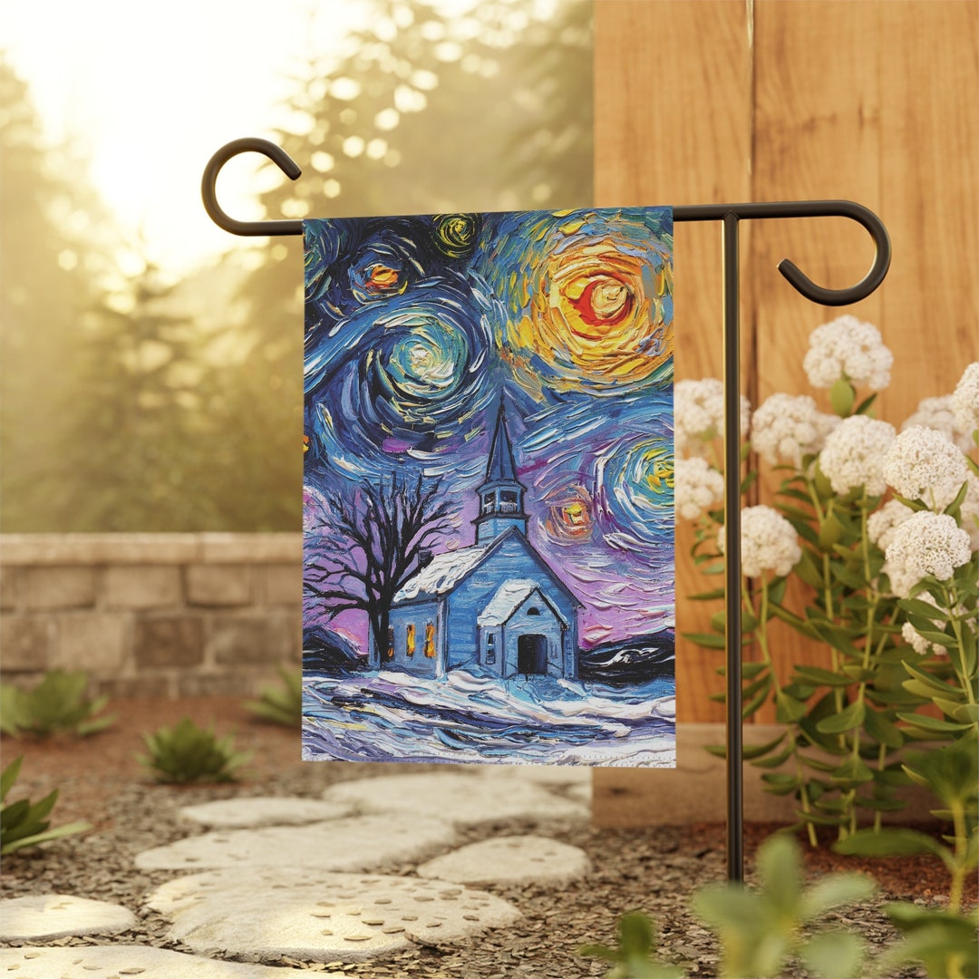 Church on A Snowy Starry Night Yard and House Flags Double Sided ...