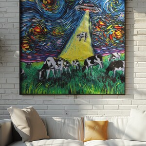 Cow Abduction Starry Night Print | Funny UFO Impressionist Art - Etsy