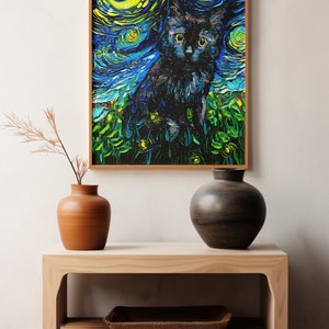 Black Cat Starry Night Painting Print | Black Cat Art | Cat Lover Gift ...