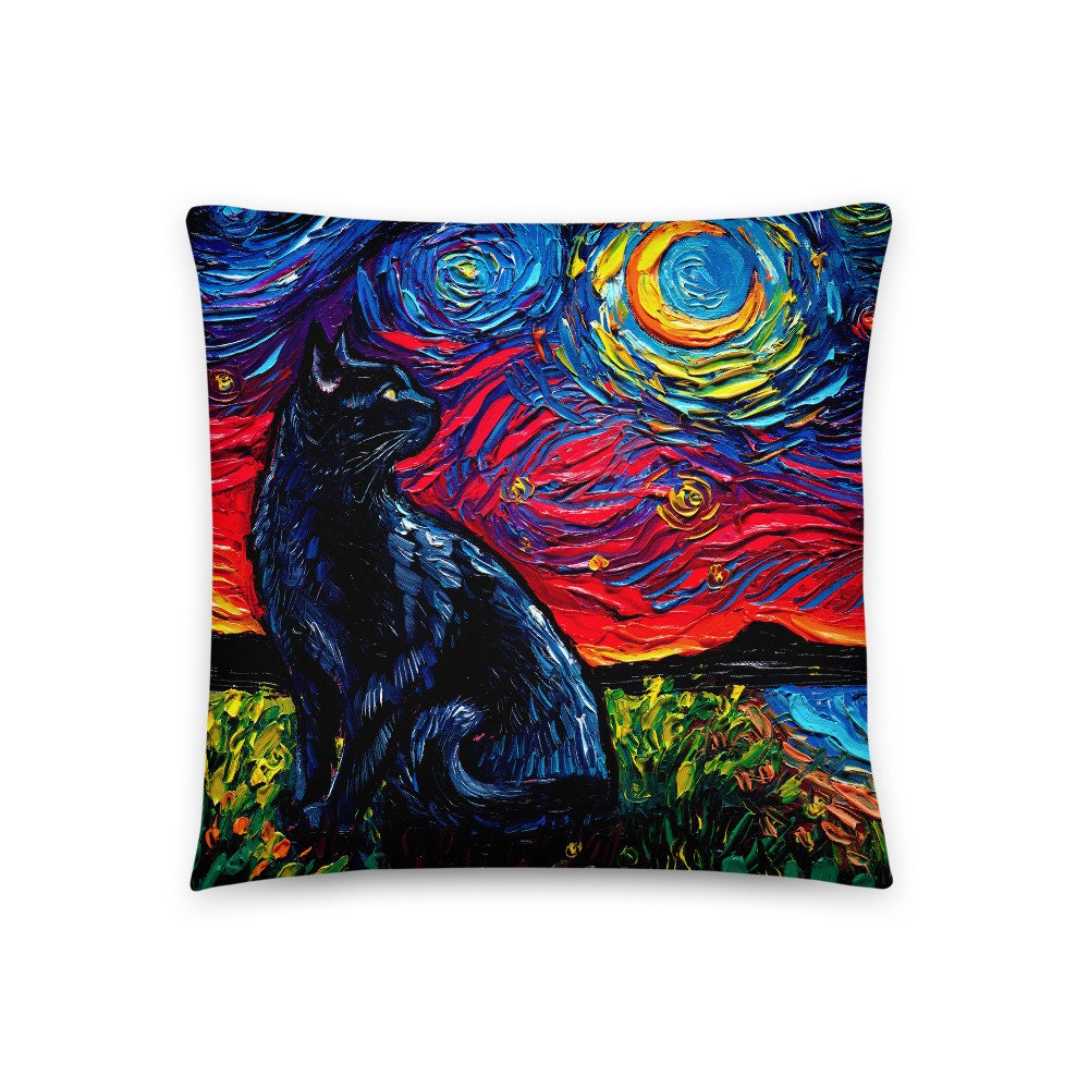 Black Cat and Moon Starry Night Basic Throw Pillow Art by Aja - Etsy