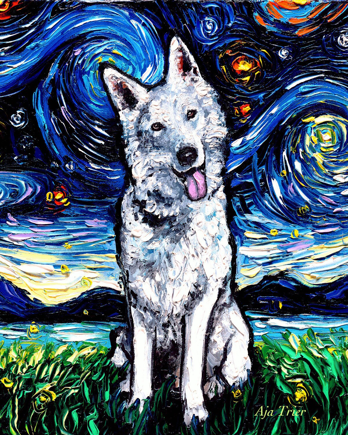 White German Shepherd Starry Night Painting Print | Dog Wall Art | Dog ...