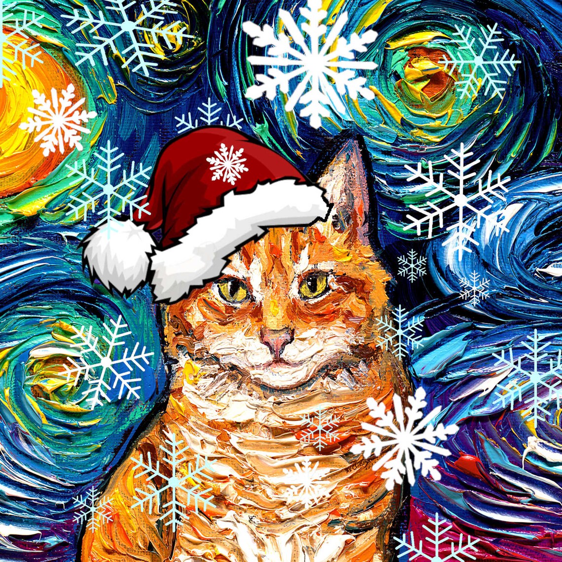 Digital Download of Orange Tabby Cat in Santa Hat Starry Night Art by ...