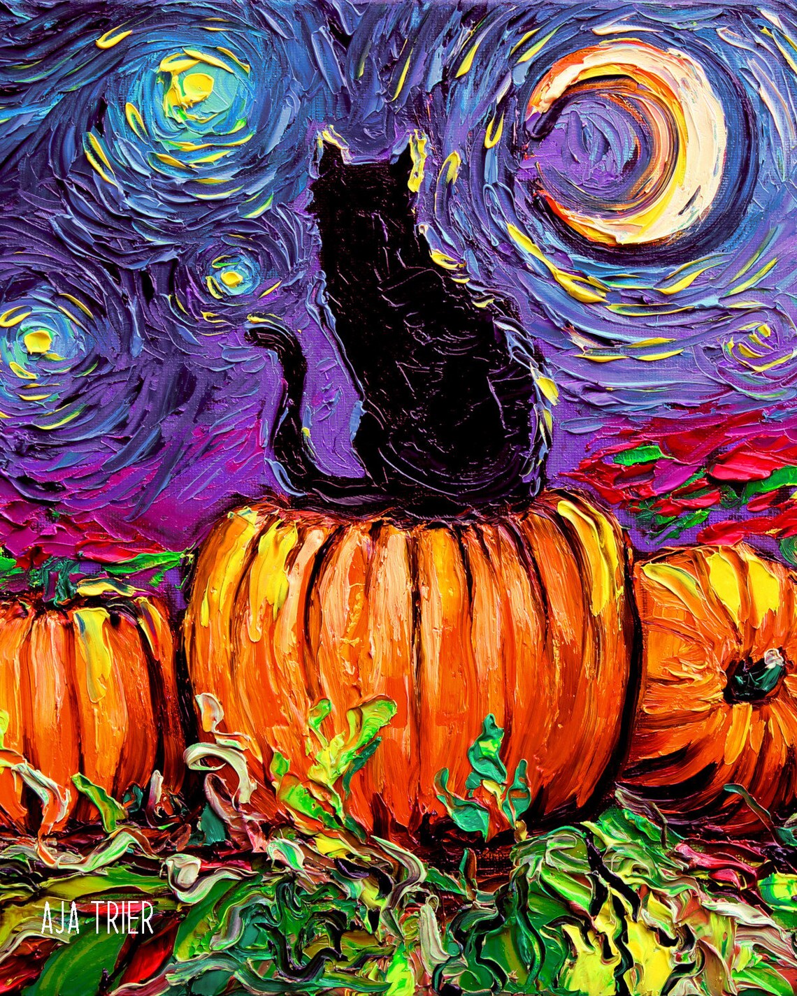 Black Cat Pumpkin Patch Starry Night Canvas Print Autumn Wall Art Cat ...