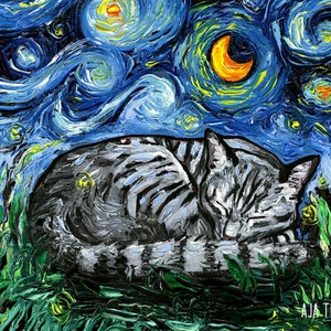 Sleeping Gray Tabby Cat Starry Night Art Print Picture by Aja Choose ...