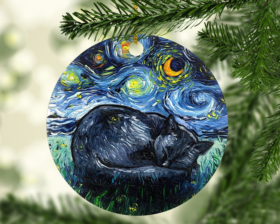 Sleeping Black Cat Starry Night Ornament Printed on Both Sides Ceramic Heirloom Pet Memorial ...