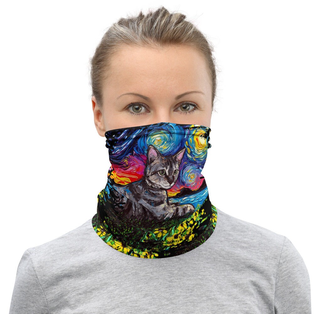 Gray Tabby Cat and Flowers Starry Night Art Face Mask Face | Etsy