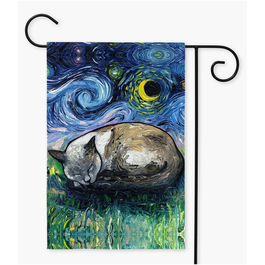 Sleeping Siamese Cat Starry Night Yard Flags Double Sided Printing Art ...