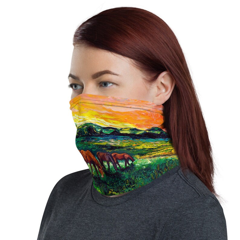 Wild Horses Grazing on Prairie at Sunset Art Face Mask Face Shield ...
