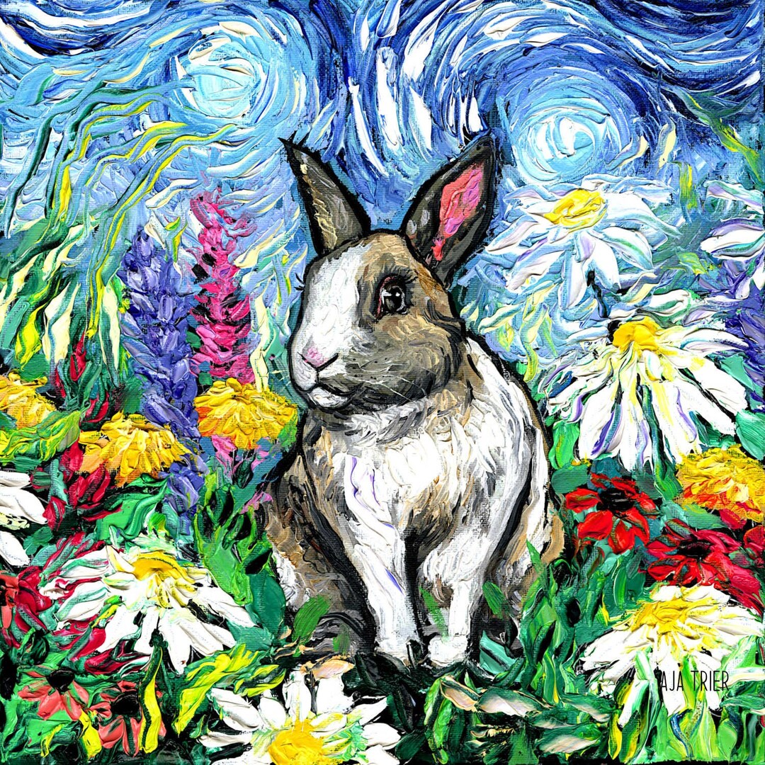 Bunny Rabbit in Garden Finally Spring Art CANVAS Print Starry Night ...