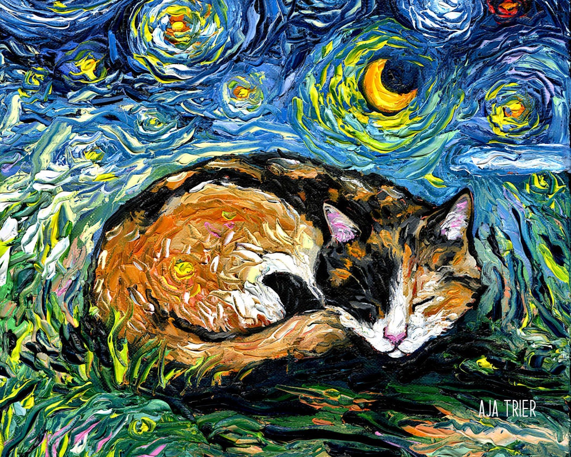 Sleeping Calico Cat Art CANVAS Print Starry Night Ready to - Etsy