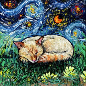 Sleeping Flame Point Siamese Cat Art Starry Night Art Print Picture by ...