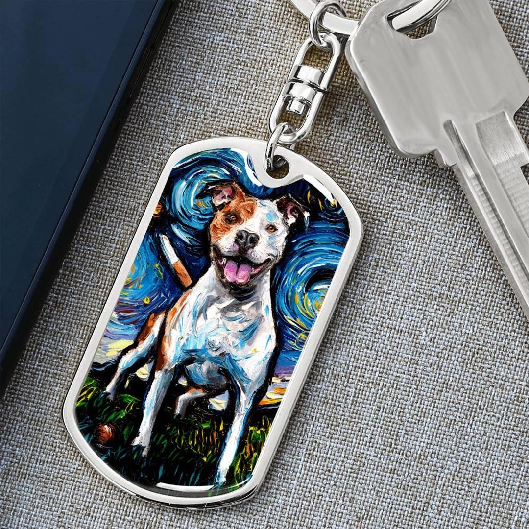 Happy Pit Bull Keychain Starry Night Engraved Dog Tag Personalized Pet ...