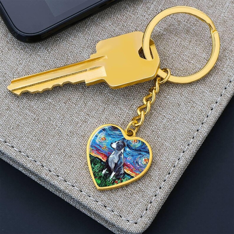 Engraved Pit Bull Keychain – Personalized Starry Night Heart Keyring ...
