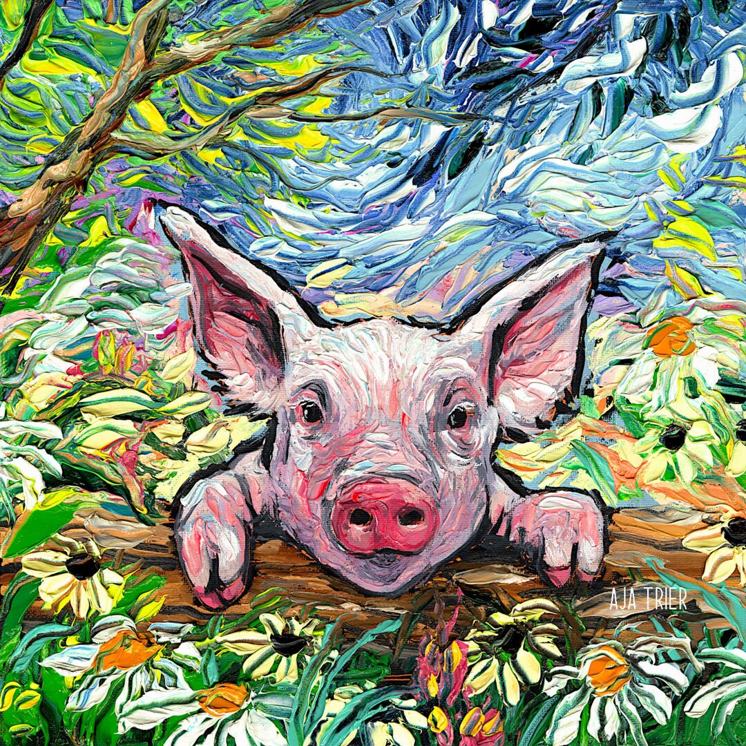 Piglet Art CANVAS Print Cute Baby Pig and Flowers Ready to Hang Wall ...
