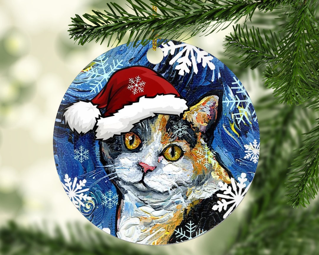 Calico Cat in Santa Hat Art Starry Night 3x3 Inch Christmas Ornament ...