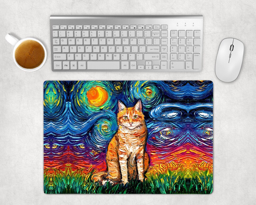 Desk Mats Seated Orange Tabby Cat Starry Night Art by Aja Mouse Pad ...