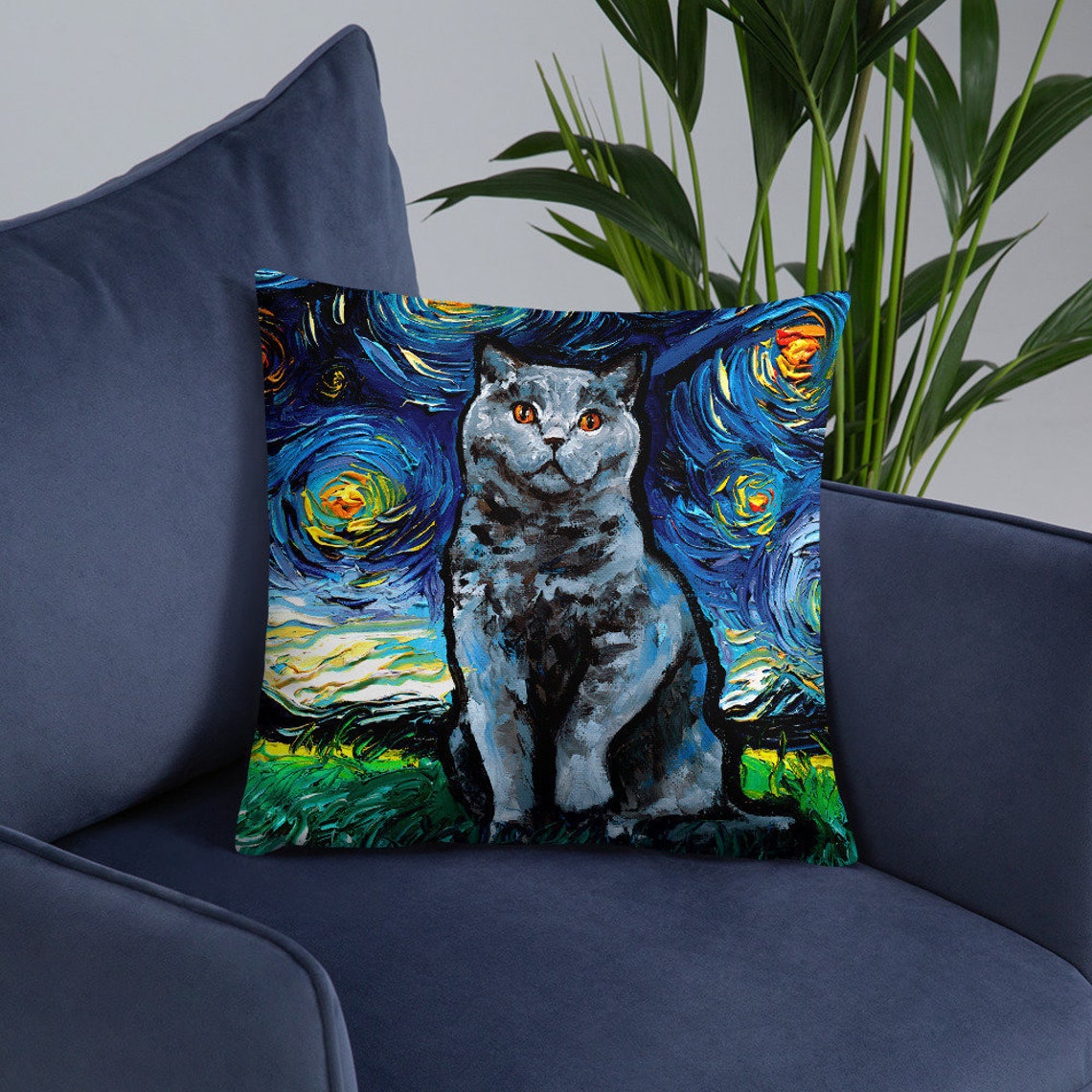 Blue British Shorthair Starry Night Cat Basic Throw Pillow - Etsy