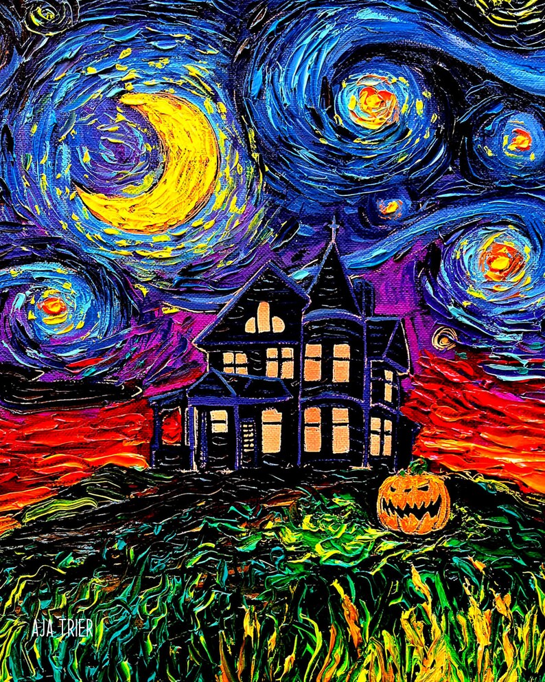 Halloween Haunted House Jack O Lantern Pumpkin Starry Night - Etsy