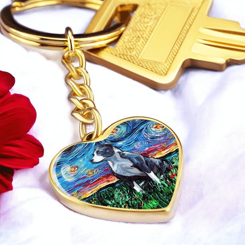 Engraved Pit Bull Keychain – Personalized Starry Night Heart Keyring ...