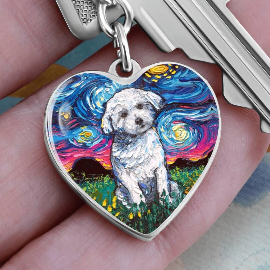Engraved Maltese Keychain – Personalized Starry Night Heart Keyring ...