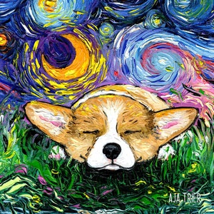 Cute Corgi Starry Night Canvas Print Impressionist Sleeping Pembroke ...