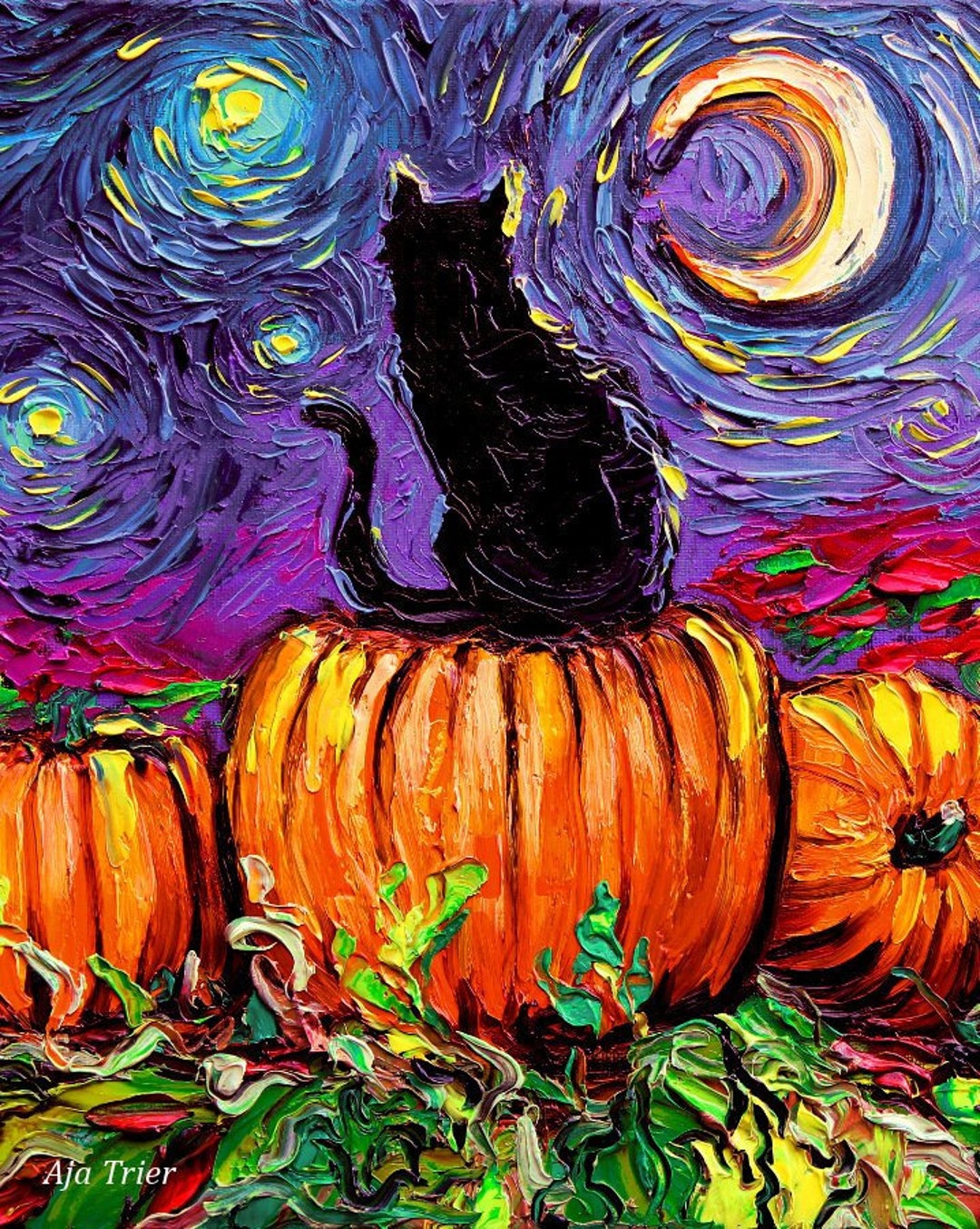 Huge Halloween 24x30 Print Starry Hallows' Eve Starry Night Black Cat ...