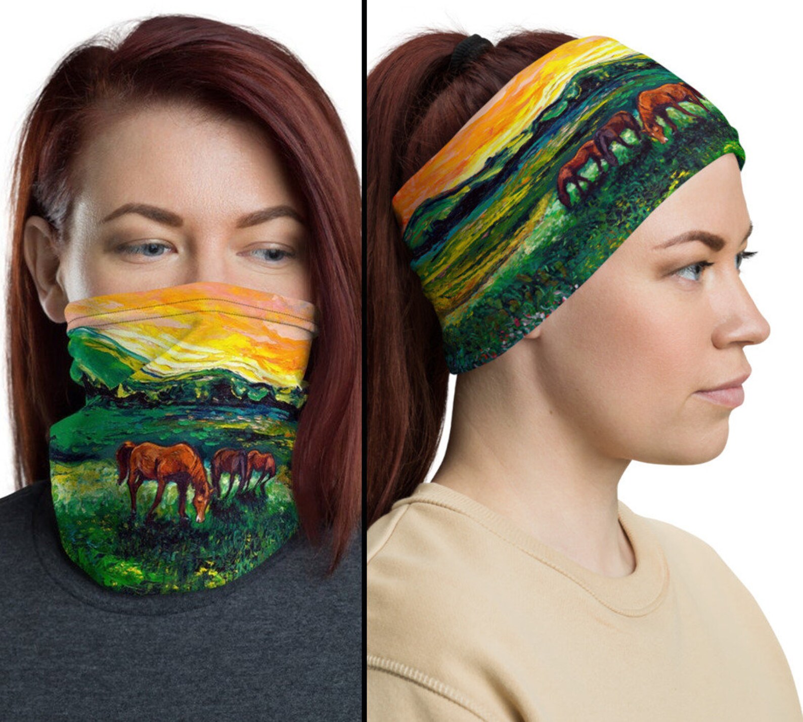Wild Horses Grazing on Prairie at Sunset Art Face Mask Face Shield ...