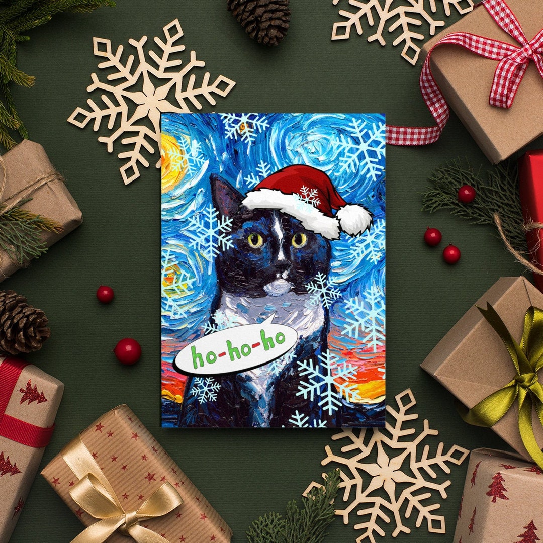 Tuxedo Cat Starry Night Ho Ho Ho Funny Christmas Folded Greeting Cards ...
