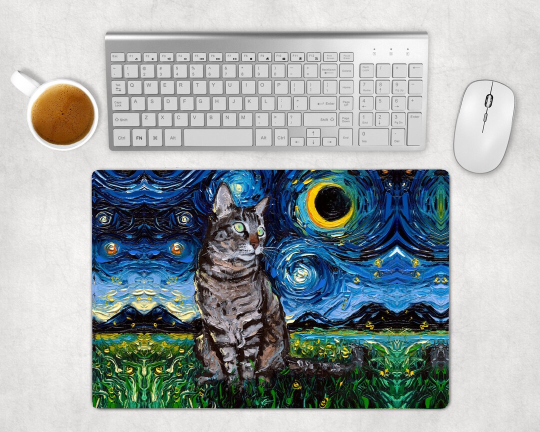 Desk Mats Tabby Cat and Eclipse Moon Art by Aja Mouse Pad Gaming ...